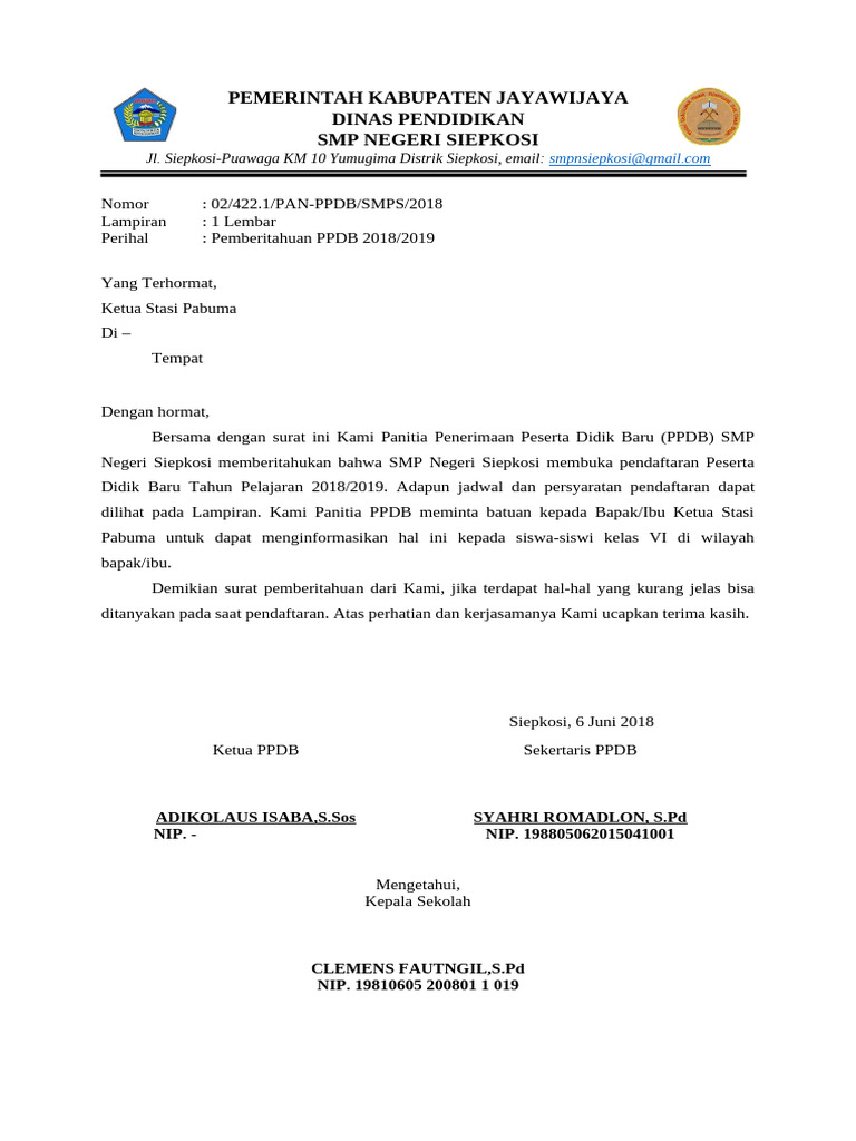PPDB SMP Negeri Siepkosi 2018/2019 | PDF