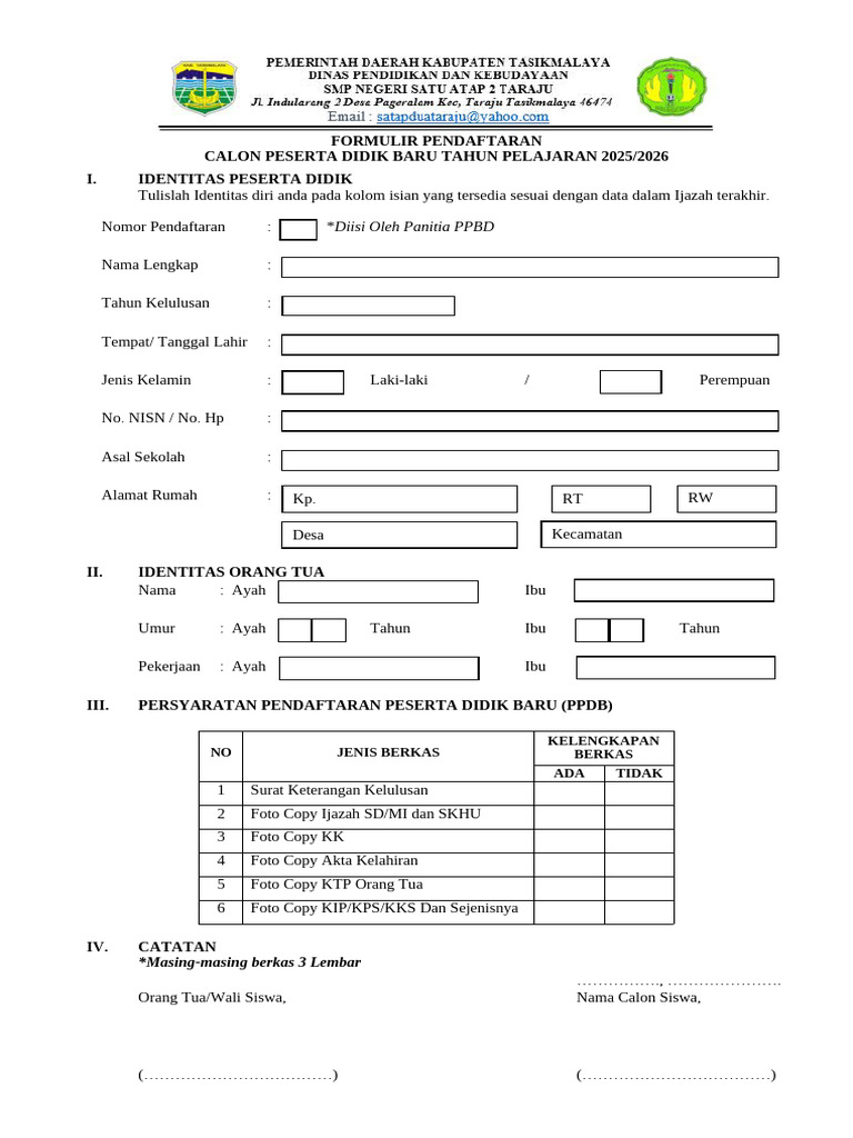 Formulir Pendaftaran PPDB 2025-2026 | PDF