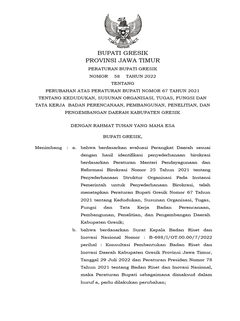 58 - 2022 Perub Perbup 67 TH 2021 TTD Sotk Bappeda | PDF