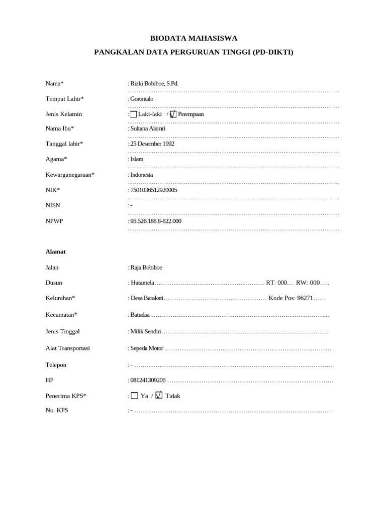 Form Biodata Lapor Diri PDPT PD Dikti | PDF