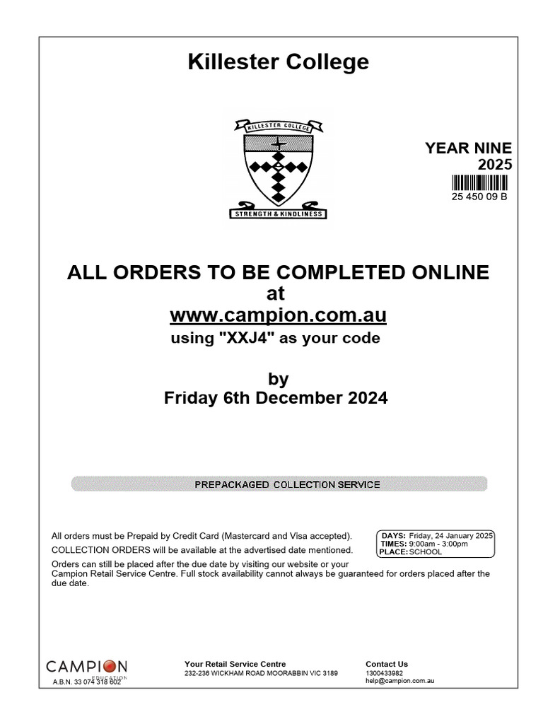Killester College Year 9 Booklist 2025 | PDF
