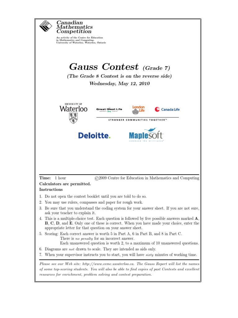 2010 Gauss 7 Contest | PDF | Multiple Choice | Teaching Mathematics