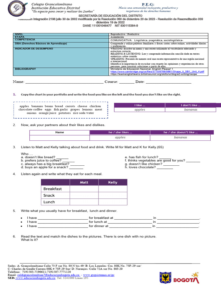 Workshop - Food - 8th Grade | PDF | Lunch | Foods