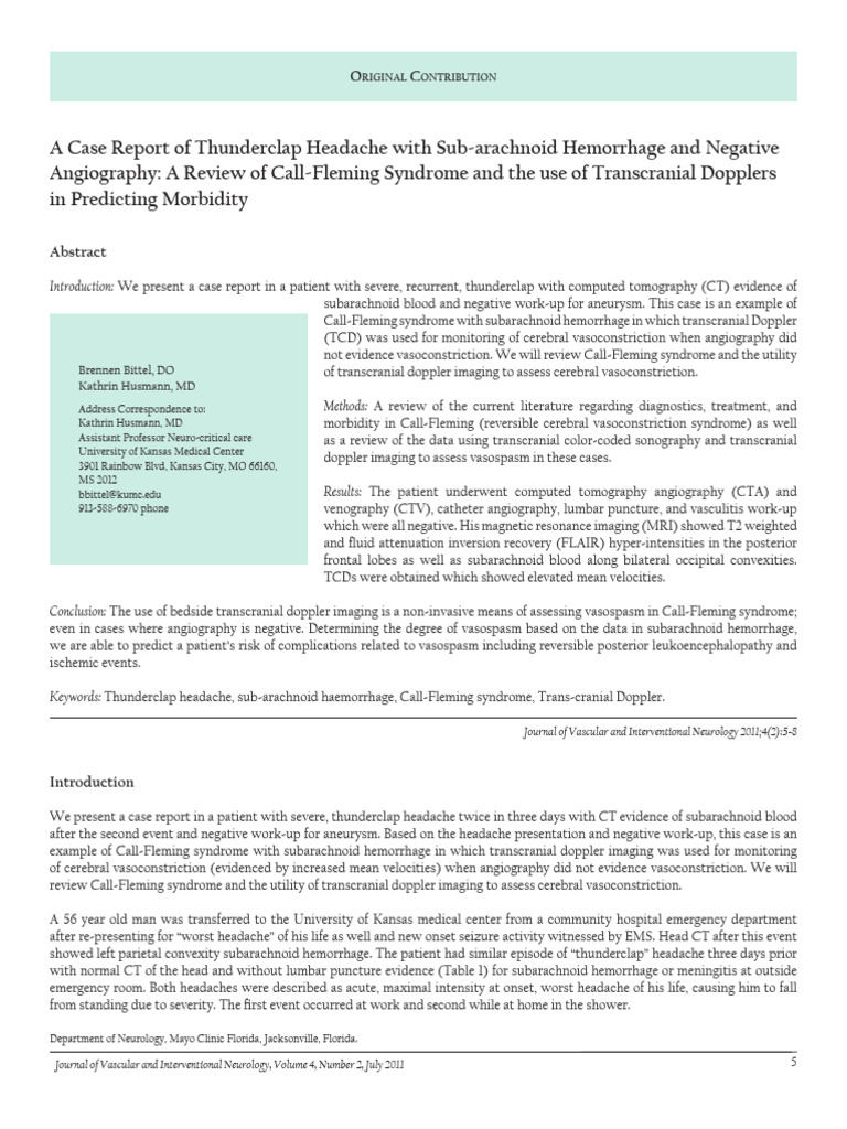 A Case Report of Thunderclap Headache With Sub-Arachnoid Hemorrhage and Negative Angiography - A ...