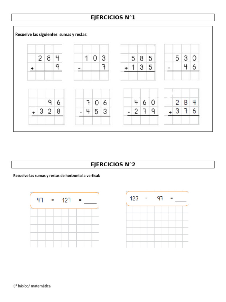 Ejecicios Repaso Suma y Resta 3° Básico. | PDF