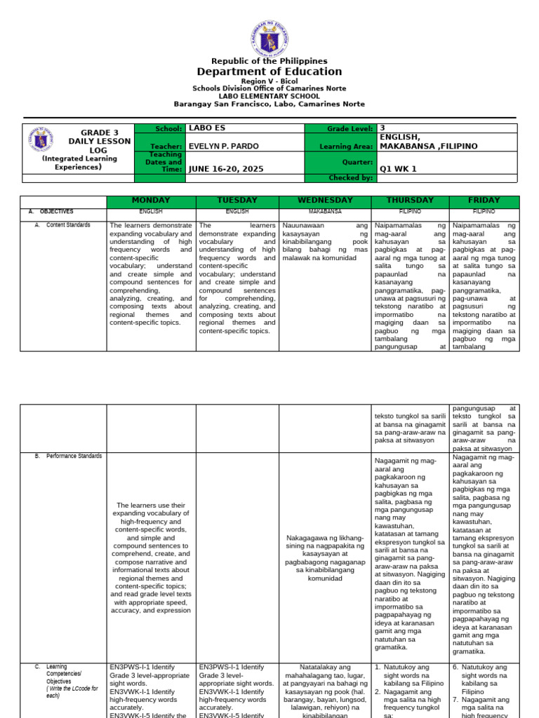 ILE DLL Q1 L1 WK 1 WK 2 SY 2025 2026 | PDF