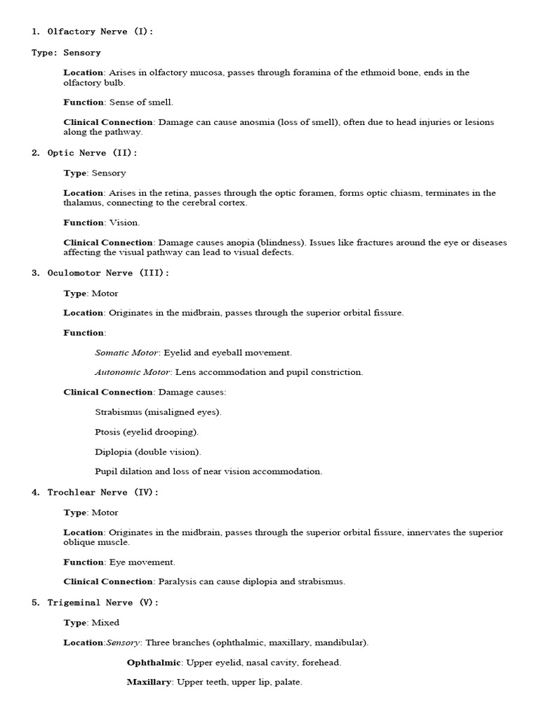 Location Function Clinical Connection: 1. Olfactory Nerve (I) : Type ...