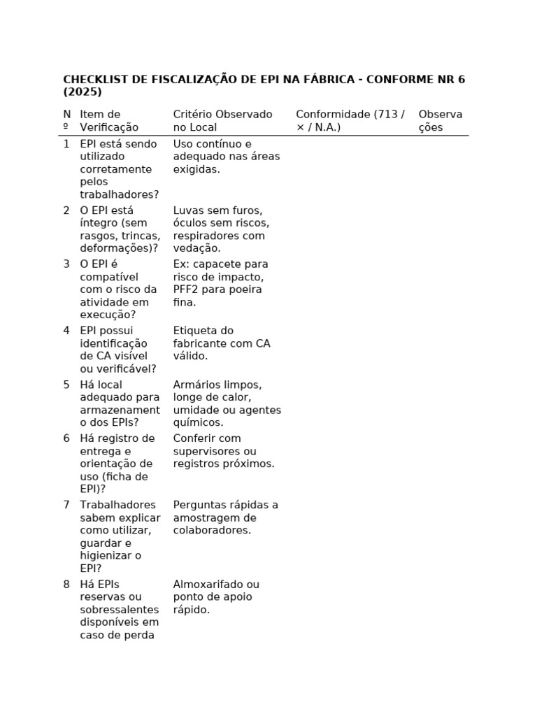 Checklist Epi Fabrica | PDF