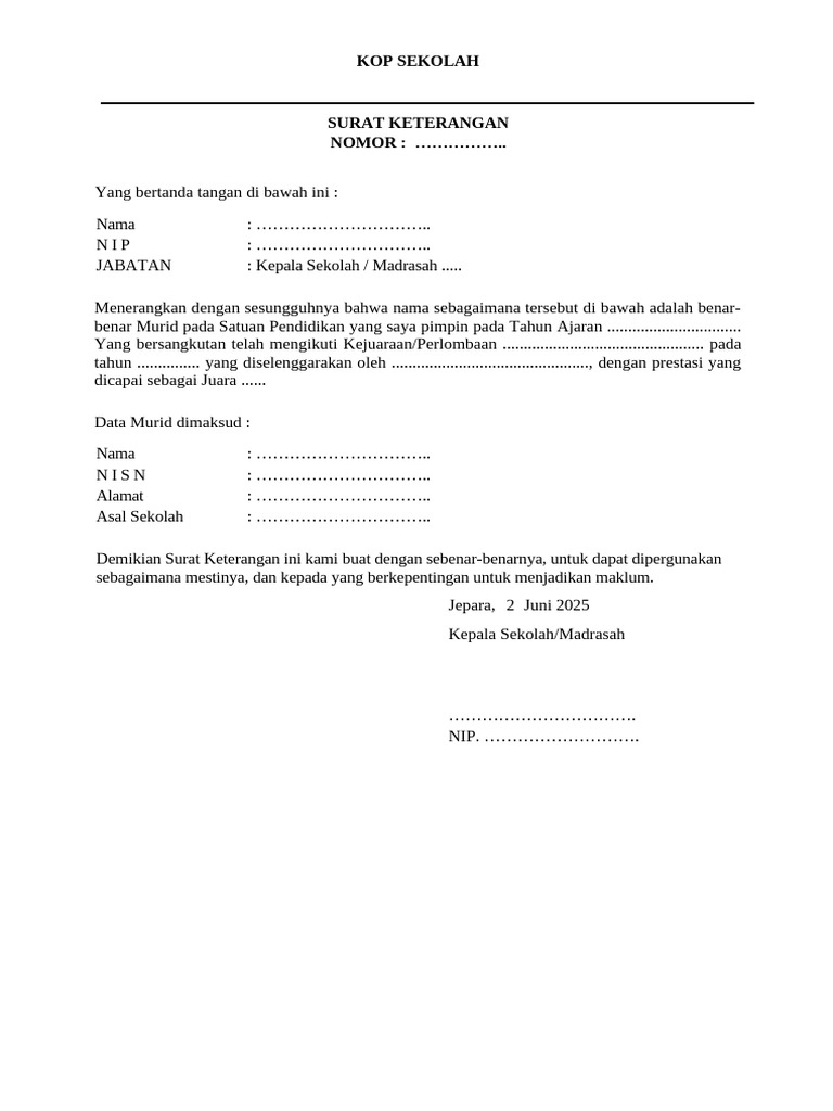 Format Surat Keterangan Prestasi Lomba Jepara | PDF