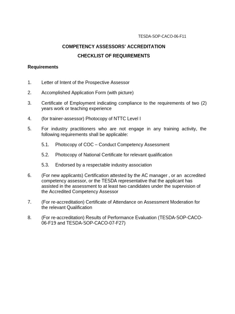 TESDA Competency Assessors Accreditation Checklist | PDF