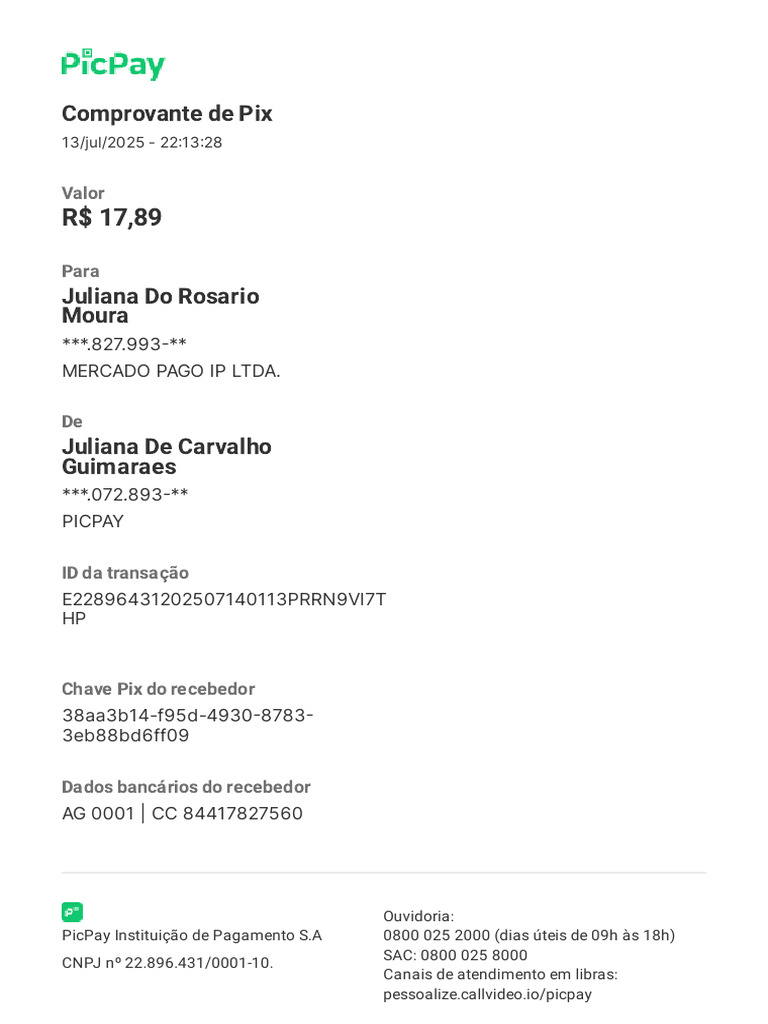 Comprovante Picpay PIX 13072025221345 | PDF