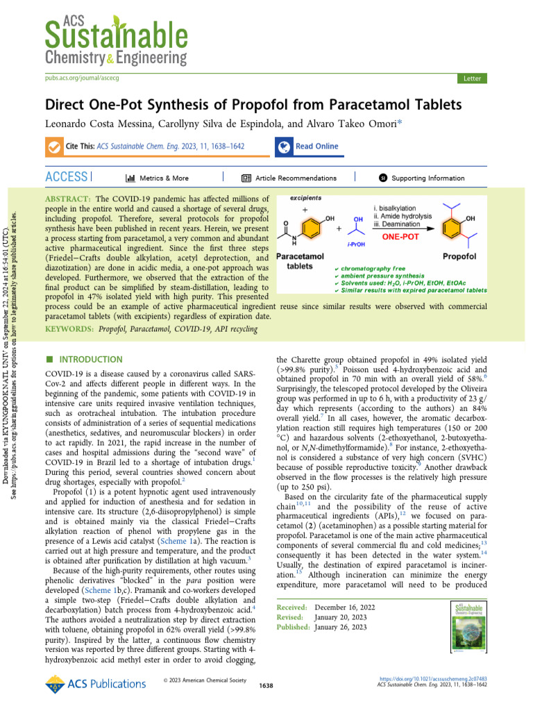 Messina Et Al 2023 Direct One Pot Synthesis of Propofol From ...