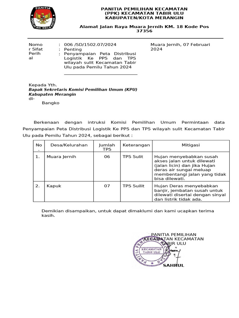 Laporan Peta Distribusi Sulit Kec. Tbu | PDF
