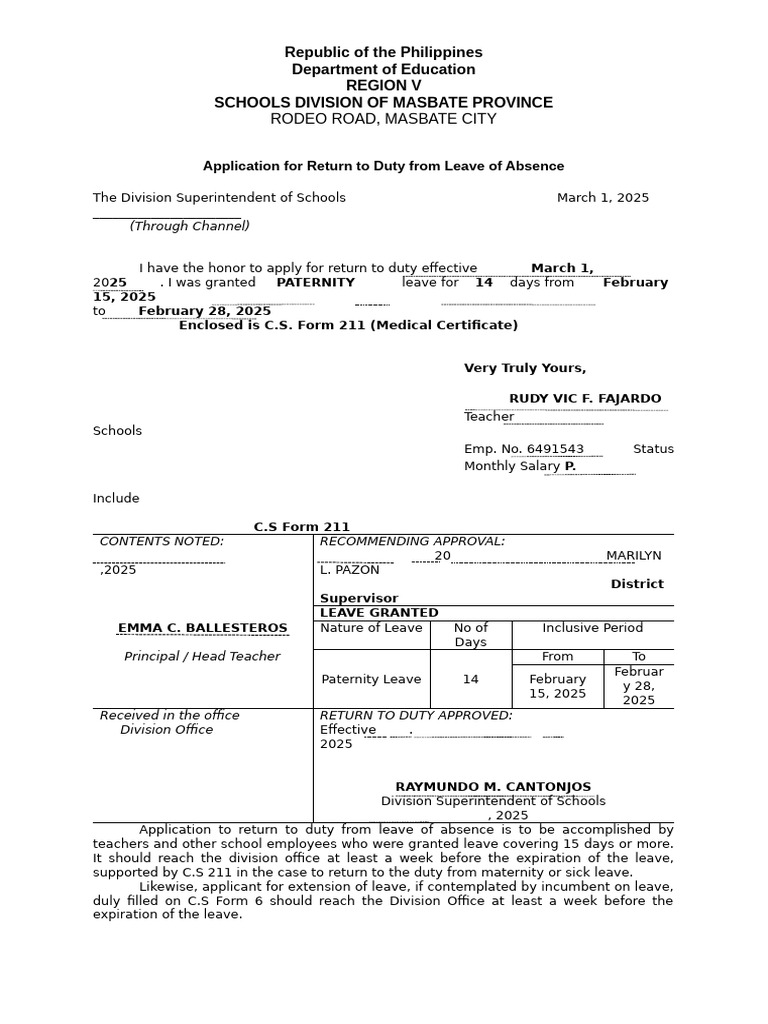 Return to Duty Application for Teachers | PDF | Leave Of Absence | Labor