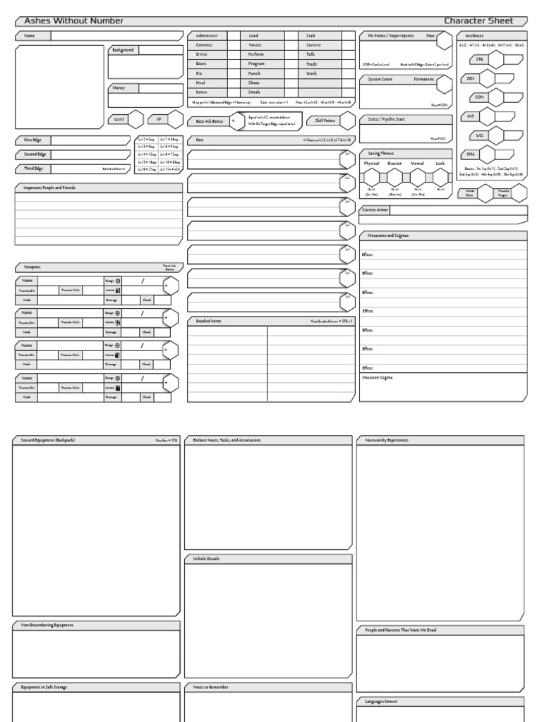Ashes Without Number Character Sheet | PDF | Gaming | Role Playing Games