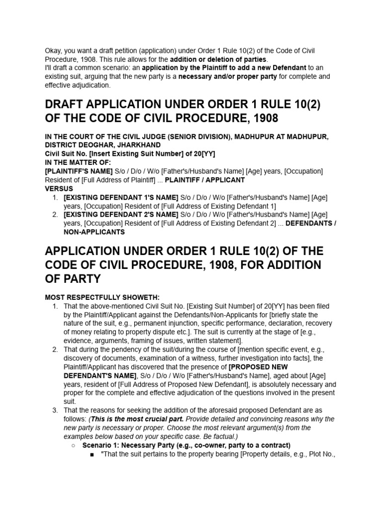 Draft Petition for Adding Defendant CPC | PDF | Lawsuit | Affidavit
