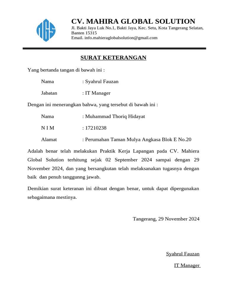 Surat Keterangan PKL | PDF