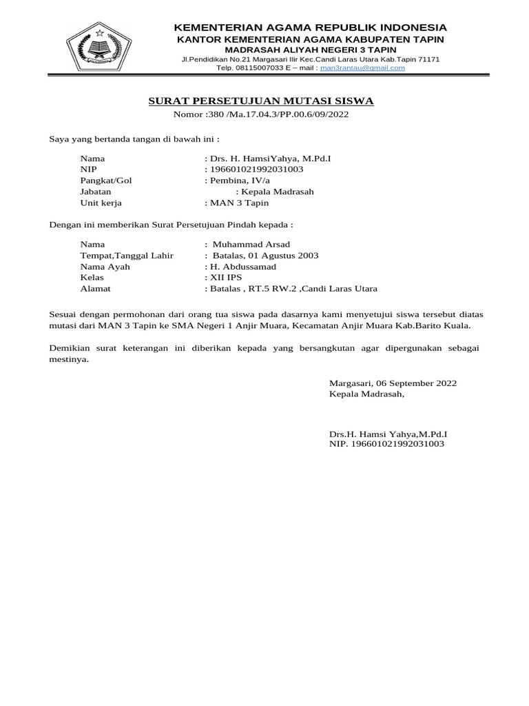 Surat Persetujuan Mutasi Siswa | PDF