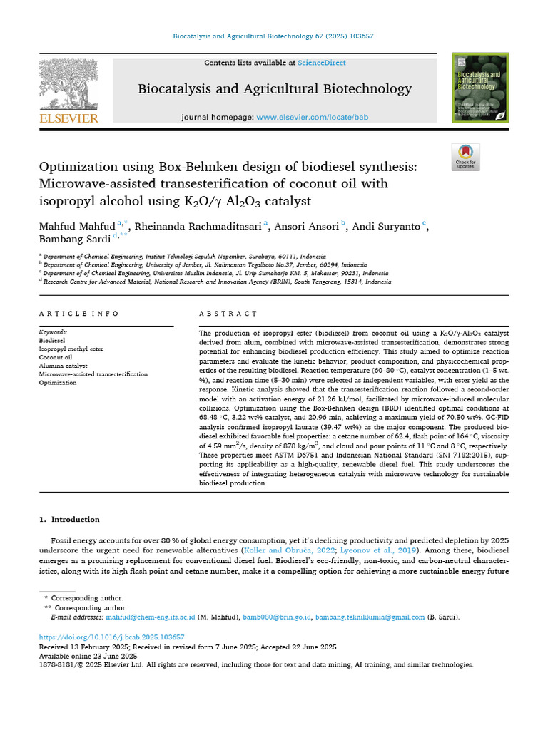Optimization Using Box-Behnken Design of Biodiesel Synthesis - Microwave-Assisted ...
