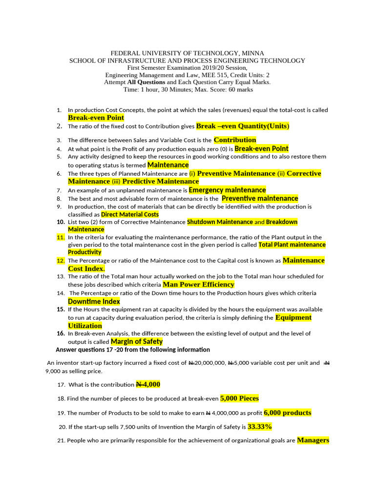 Engineering Management Exam 2019/20 | PDF | Business | Private Law