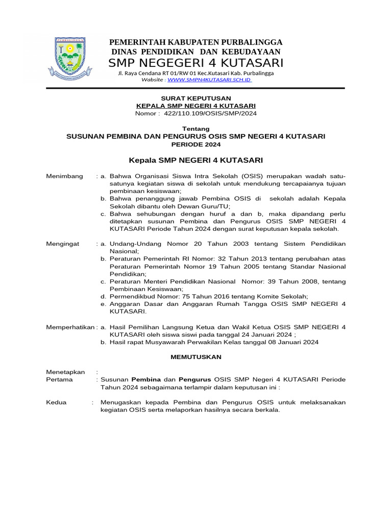 Susunan Pengurus OSIS SMP 2024 | PDF