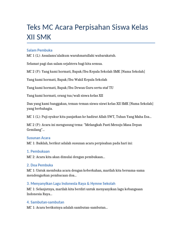 Teks MC Perpisahan SMK Formal | PDF