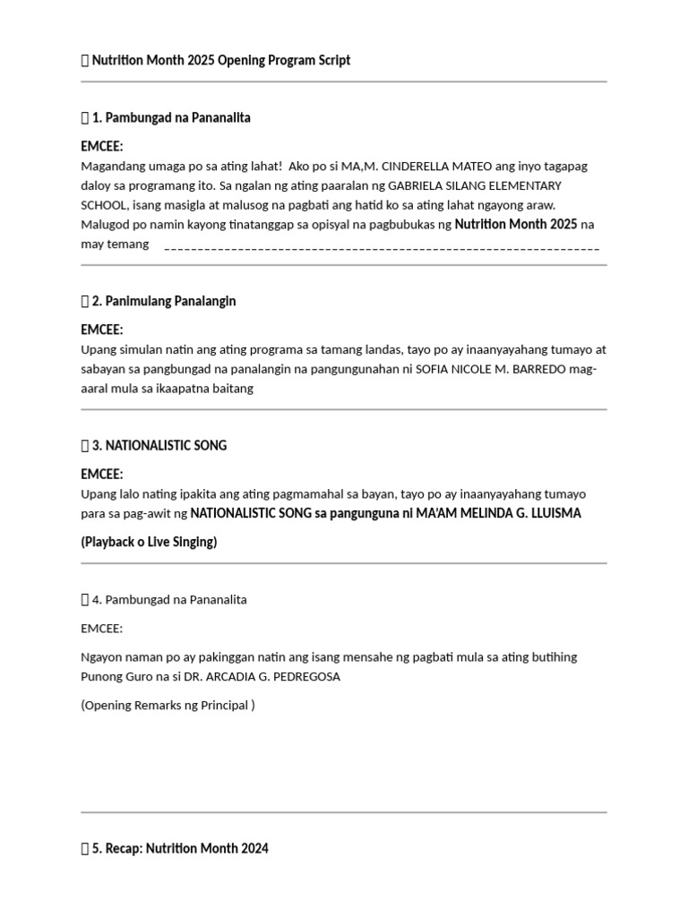 ? Nutrition Month 2025 Opening Program Script | PDF