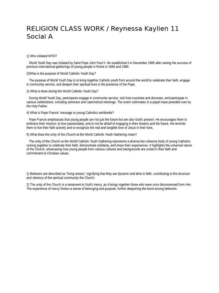 Religion Class Wor1 | PDF