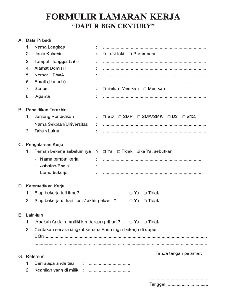 Form Lamaran Dapur | PDF