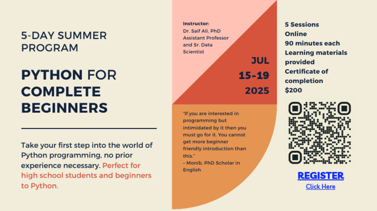 5-Day Python Workshop For Complete Beginners SEDUM Software | PDF