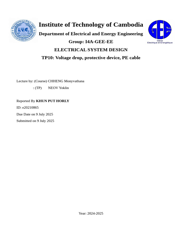 TP10 - Voltage Drop - Protective Device and PE Cable | PDF | Transformer | Electrical Impedance