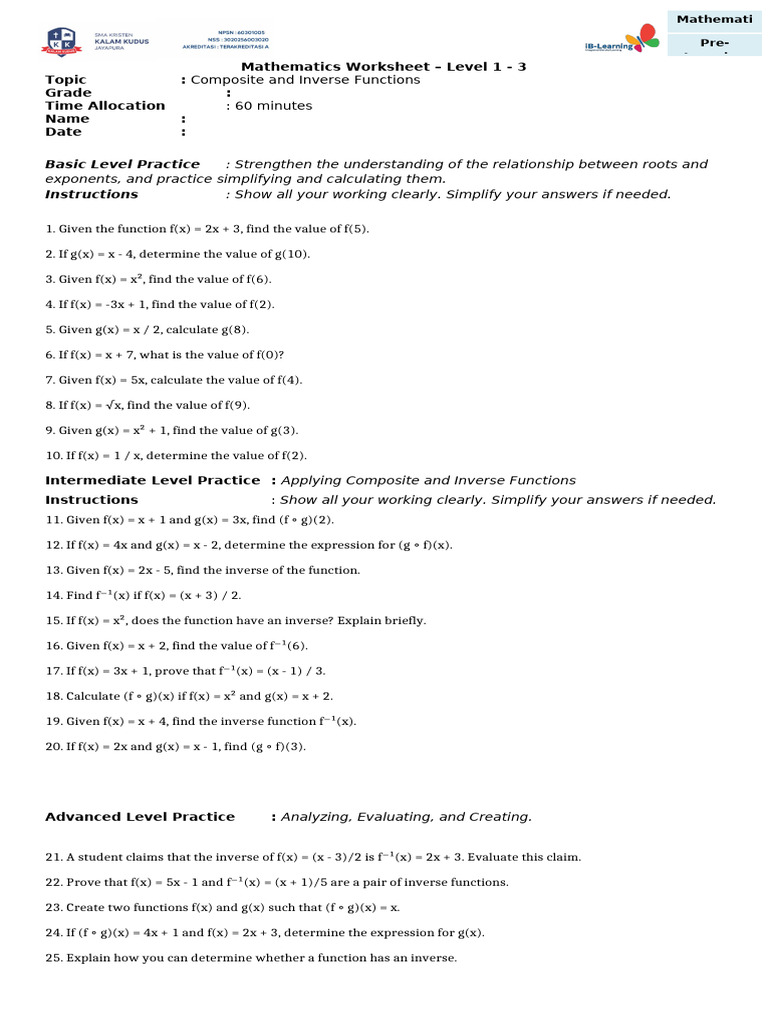 Composite and Inverse Functions Worksheet | PDF | Function (Mathematics ...