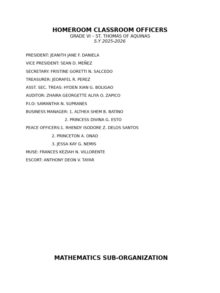 Grade VI Homeroom Officers 2025-2026 | PDF