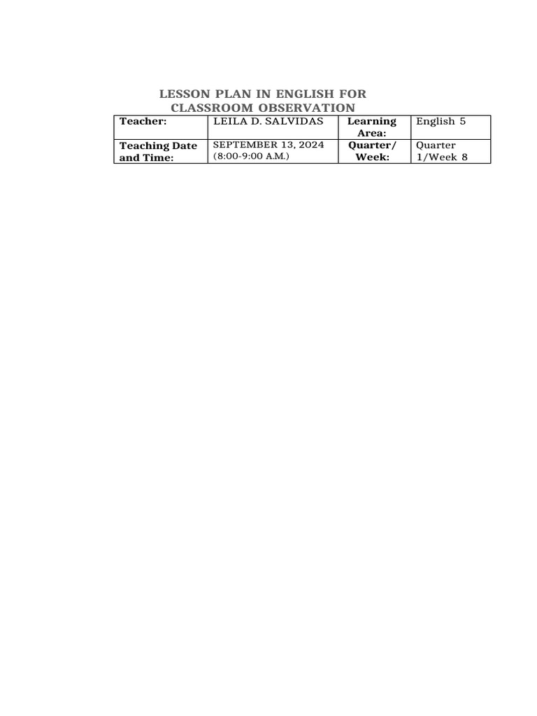 English Lesson Plan for Observation | PDF | Learning | Lesson Plan