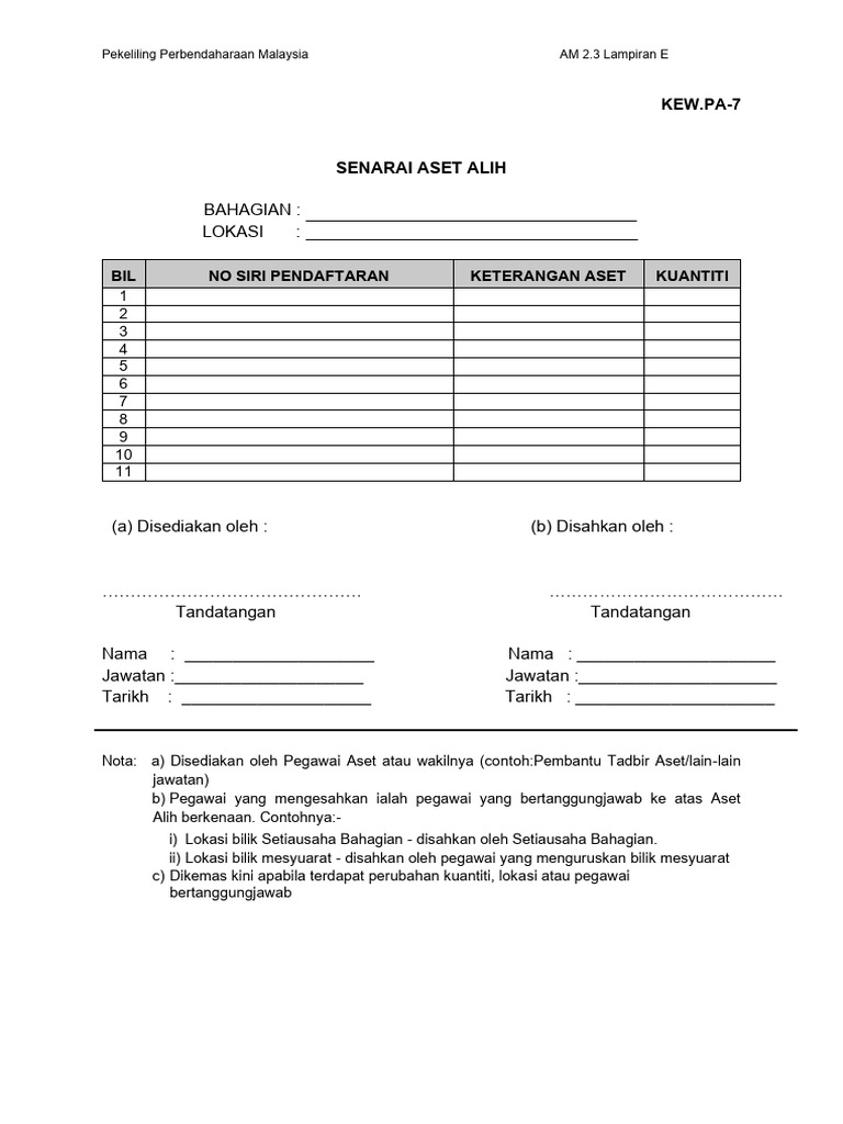Kew - Pa-7 Borang Senarai Aset Alih | PDF