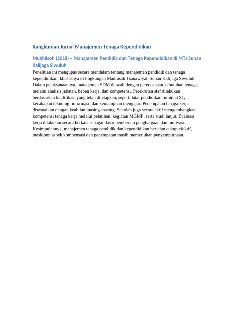 Rangkuman 5 Jurnal Manajemen Tenaga Kependidikan | PDF
