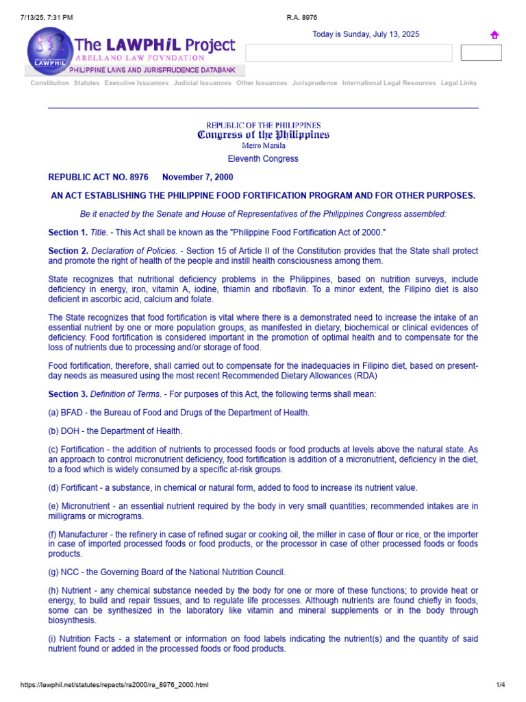 Philippine Food Fortification Act 2000 | PDF | Nutrients | Nutrition