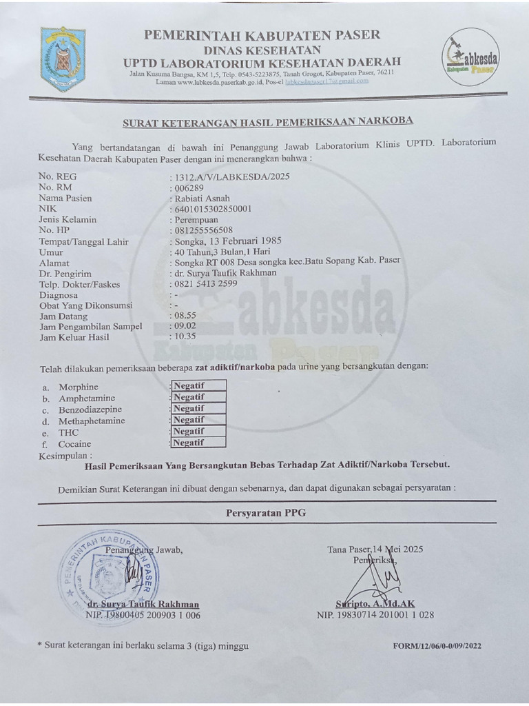 Surat Keterangan Hasil Pemeriksaan Narkoba - Rabiati Asnah | PDF