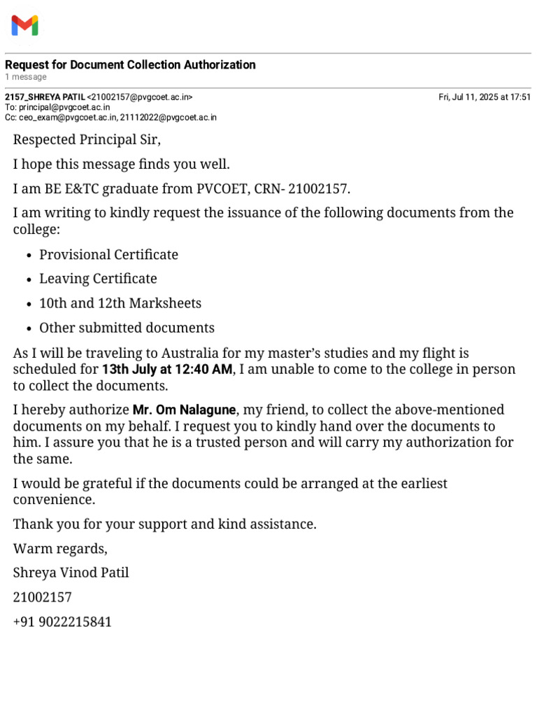 Gmail - Request For Document Collection Authorization | PDF