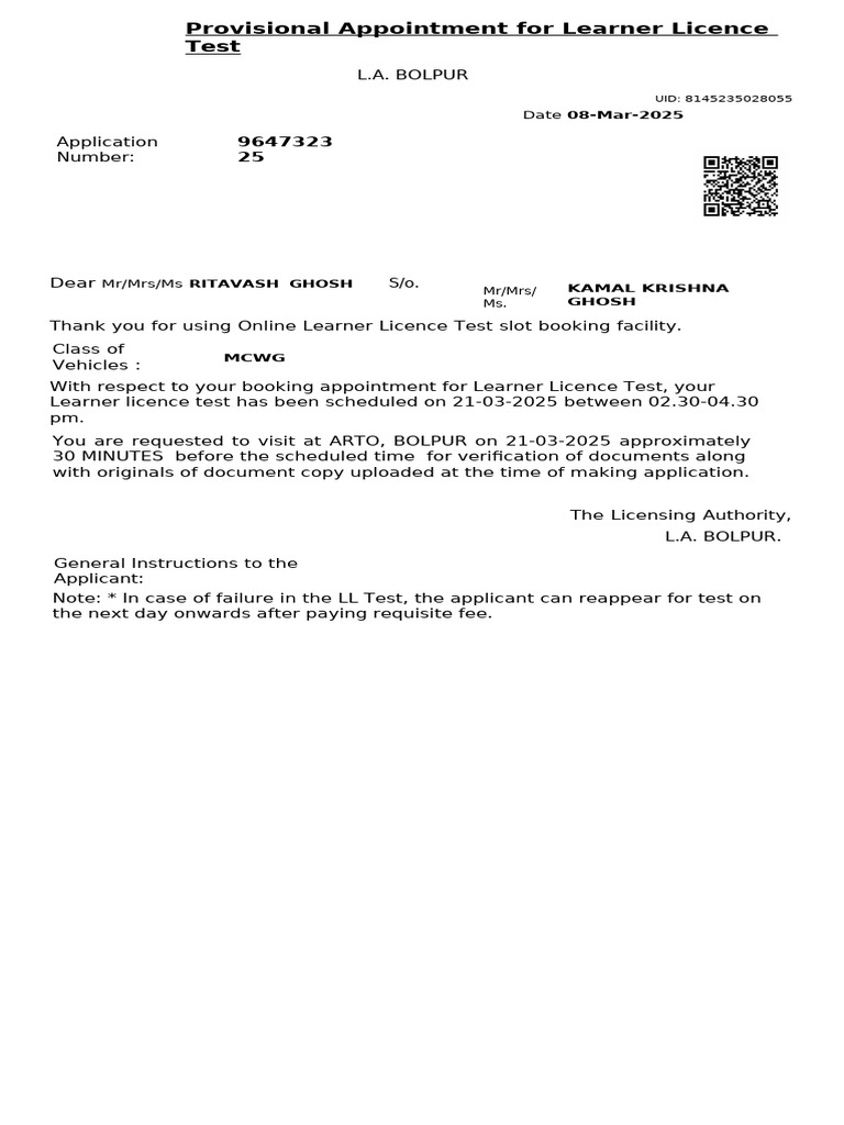 Provisional Appointment For Learner Licence Test | PDF