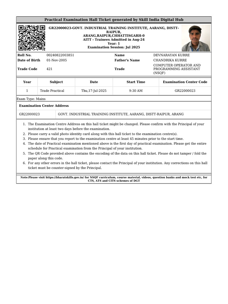 Practical Examination Hall Ticket Generated by Skill India Digital Hub ...