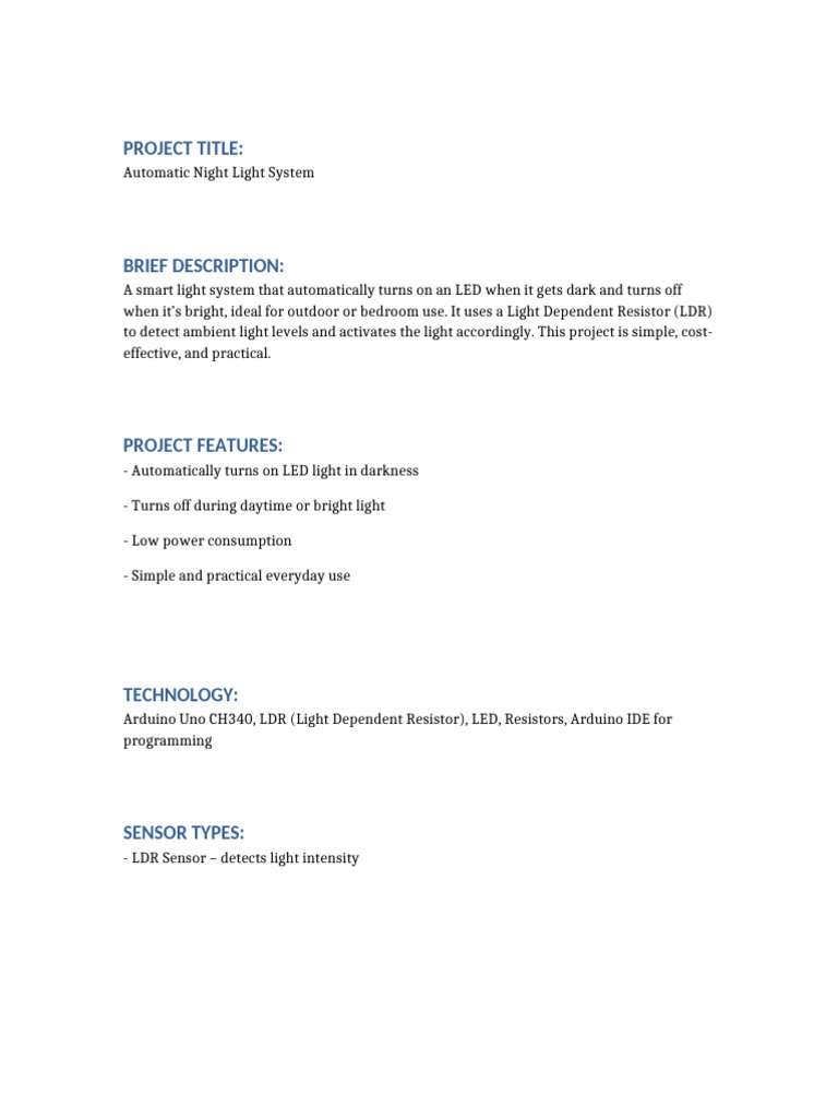 Automatic Night Light Project Proposal | PDF