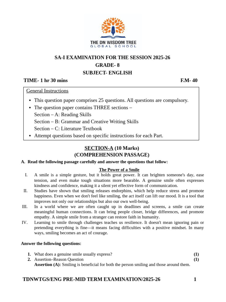 G 8 Eng Pre-Mid Term QP 25-26 Set-1 | PDF | Psychology