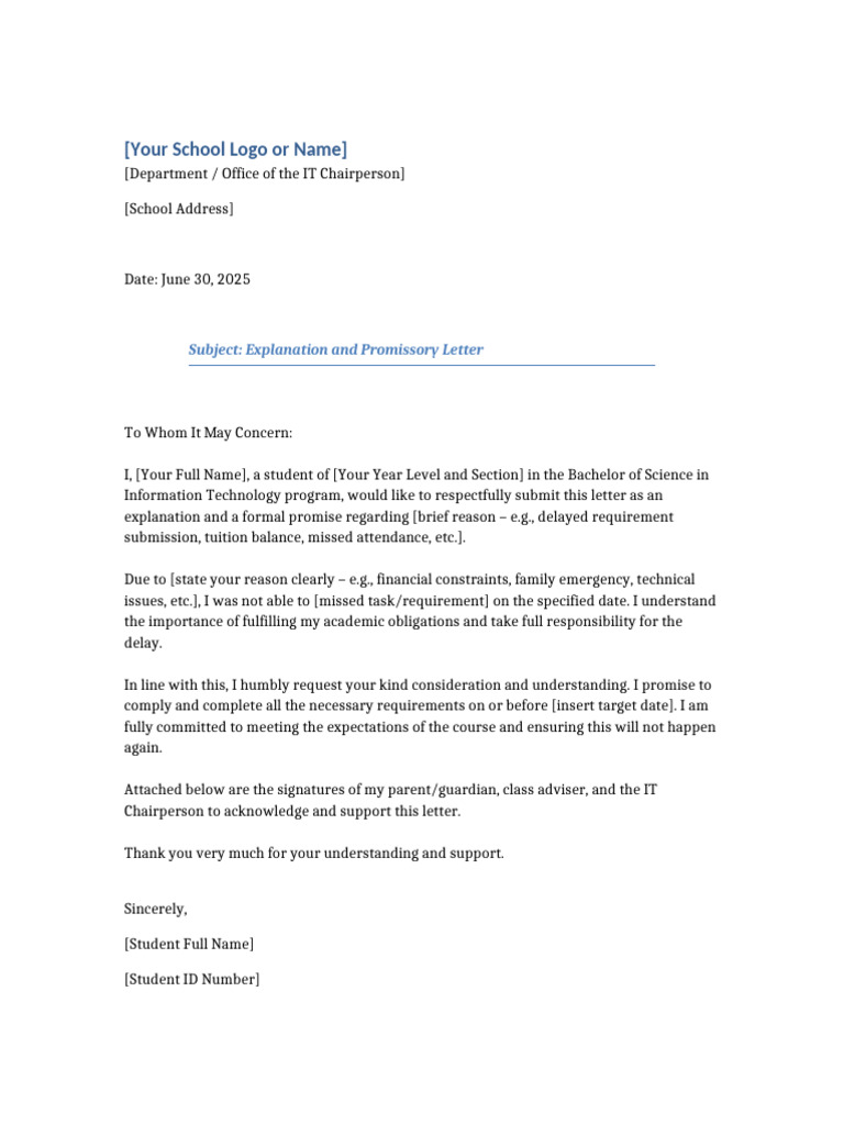 Promissory Letter for School Requirements | PDF