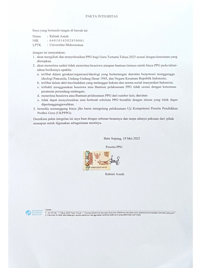 Pakta Integritas - Rabiati Asnah | PDF