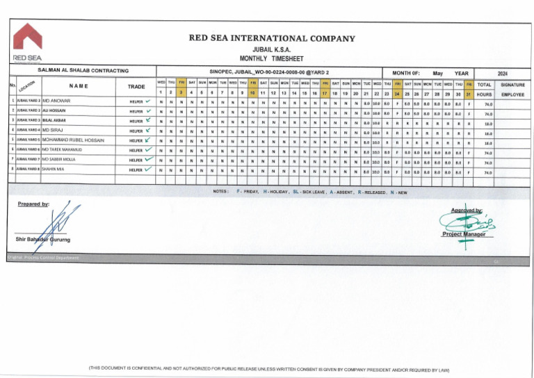 Salman Ali Manpower Time Sheet May 2024 Sinopec | PDF