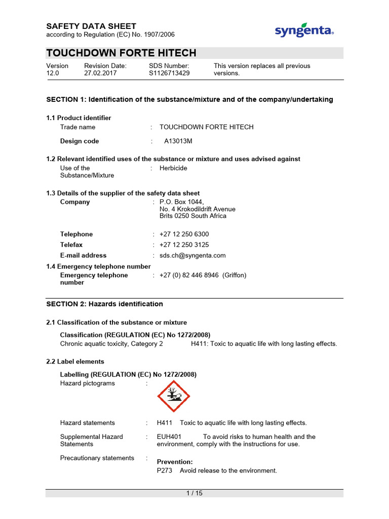 Touchdown Forte Hitech Sds - 27022017 | PDF | Toxicity | Dangerous Goods