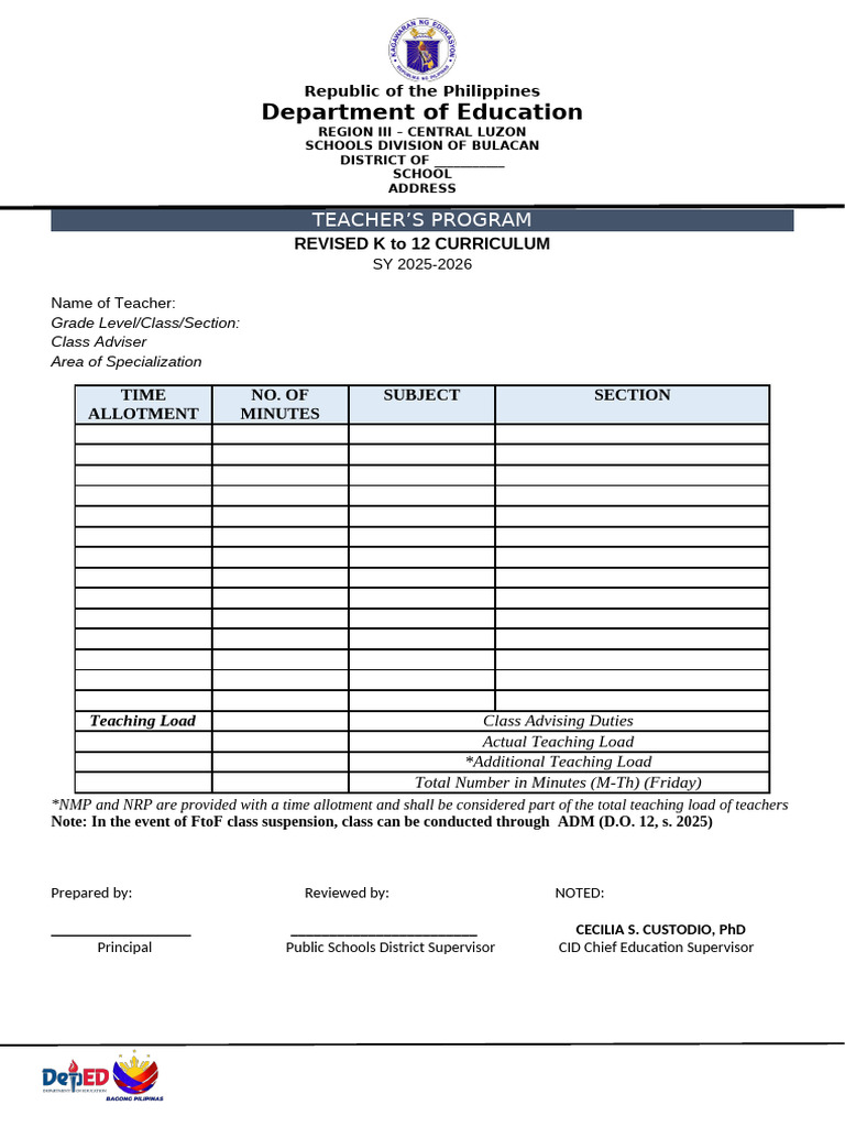 Teacher's Program Template SY 2025-2026 | PDF