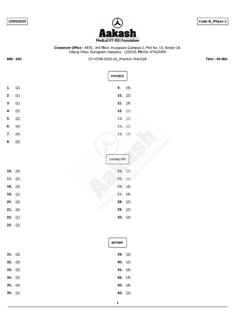 Answer Key of PT-01 - OYM | PDF