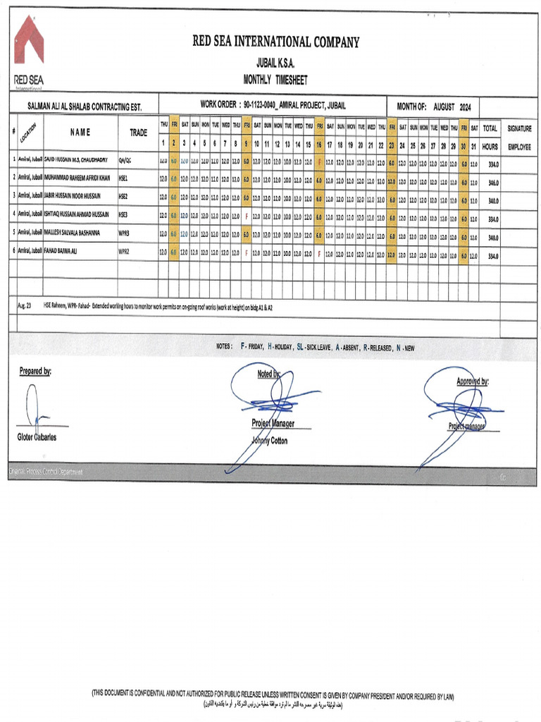 Salman Ali Manpower Time Sheet August 2024 Amiral | PDF